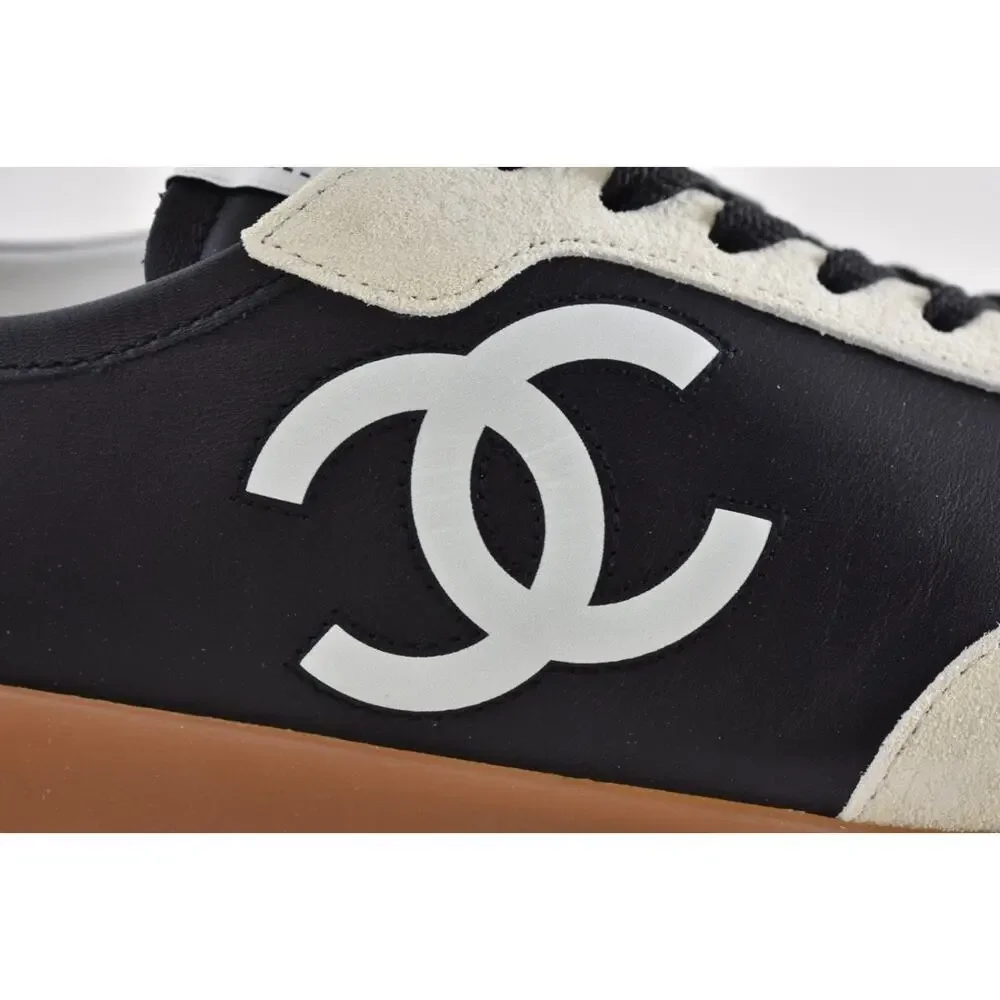 CHANEL | Shoes | Chanel 26p Black White Leather Suede Cc Logo Tie Flat ...